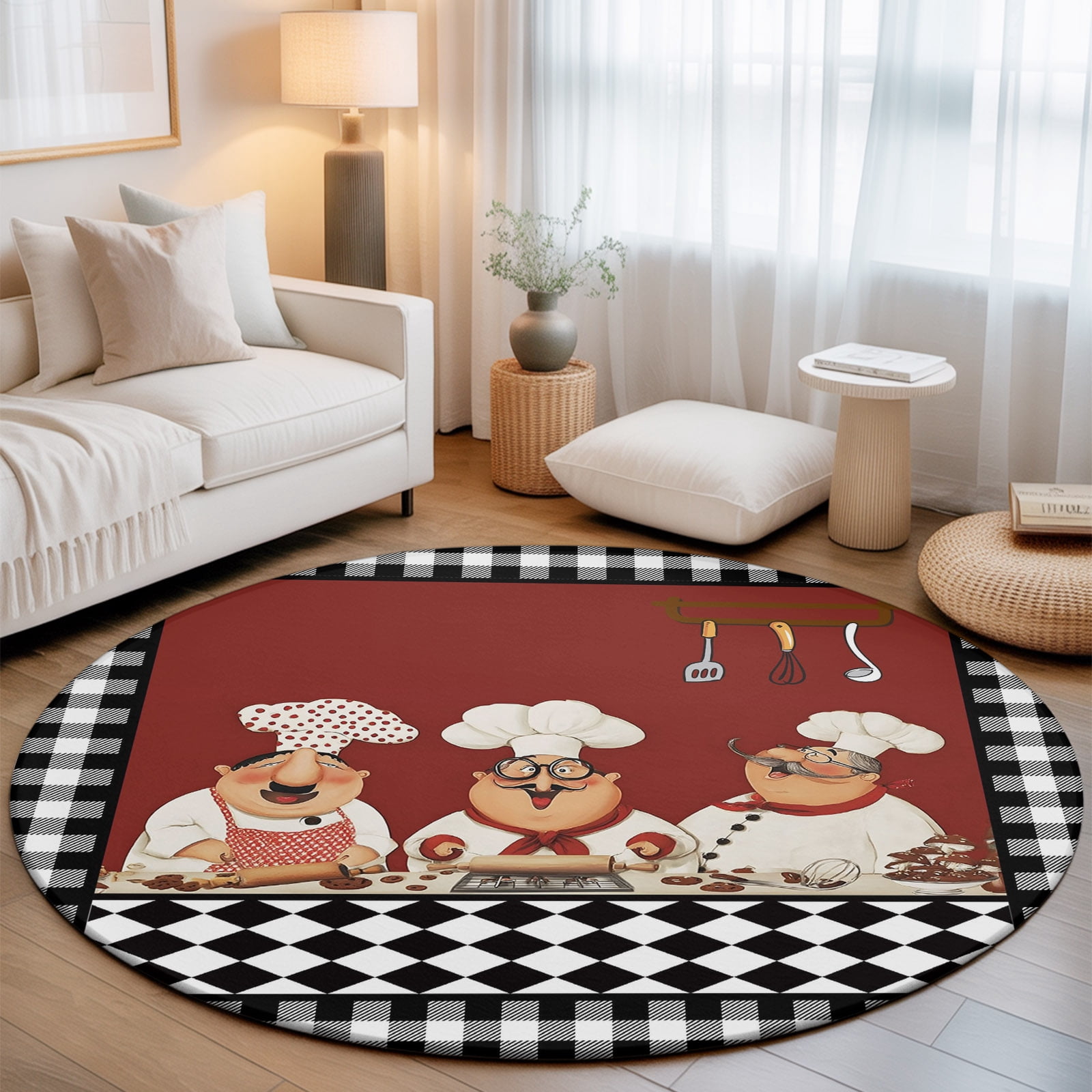 Black Rustic Chefs 6' Round Rug for Living Room Under Coffee Table ...