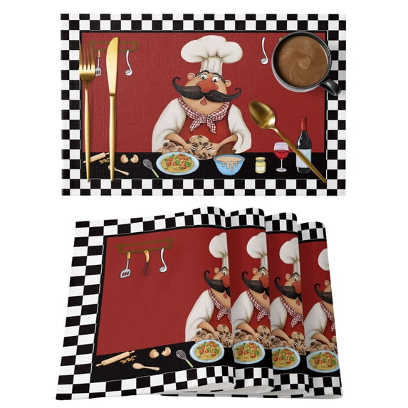 Black Rustic Chefs Cotton Linen Placemats Set of 1, Cooking Food Wine ...