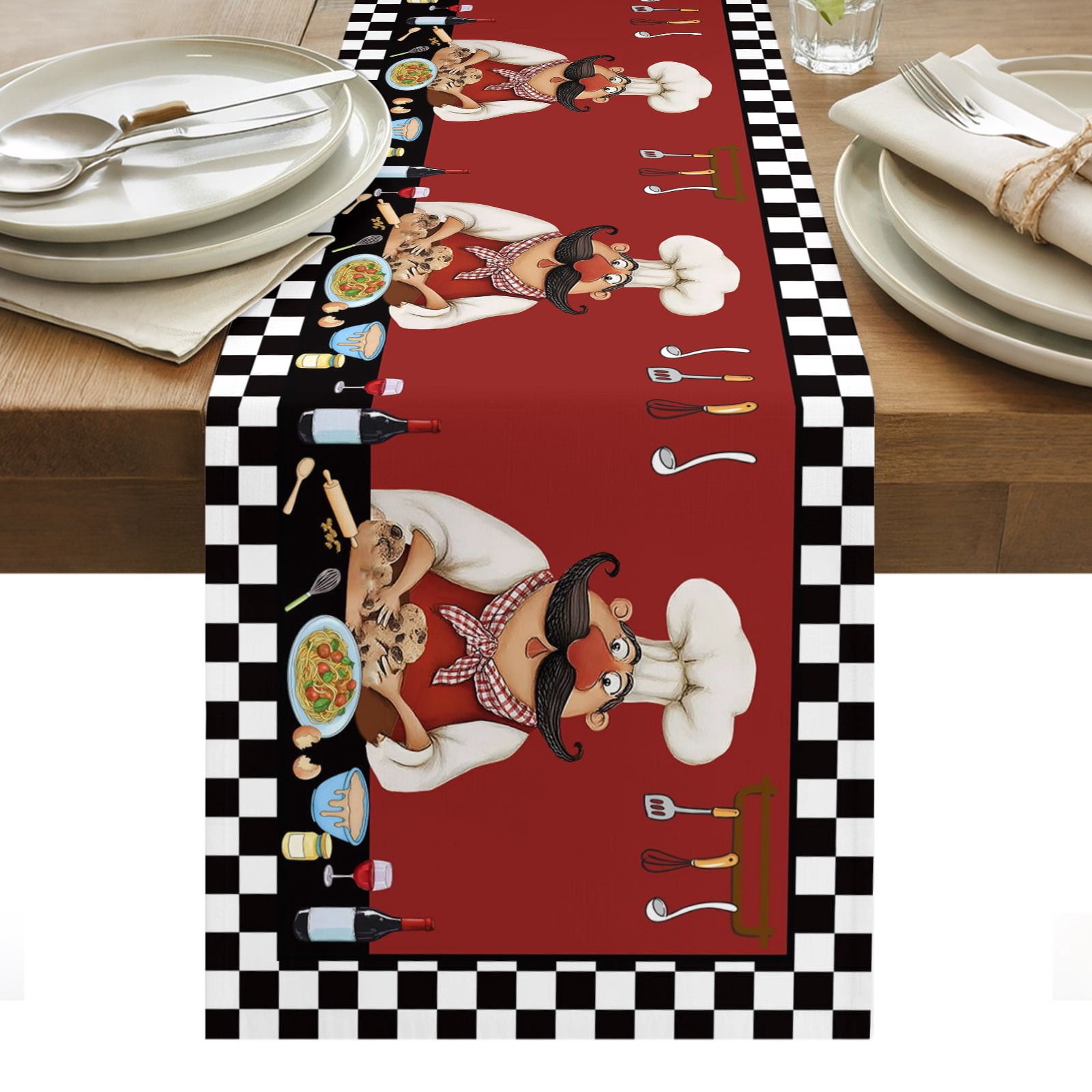 Black Rustic Chefs Cotton Linen Table Runner Cooking Food Wine ...