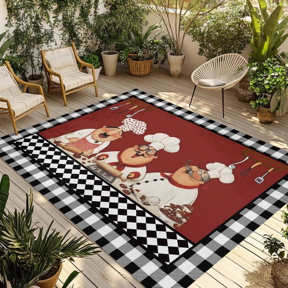 Black Rustic Chefs Outdoor Rug, Cooking Food Whimsical Kitchen Non-Slip ...