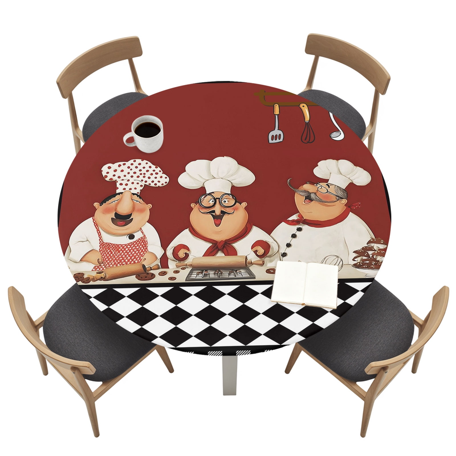 Black Rustic Chefs Round Fitted Table Cover Cooking Food Whimsical ...