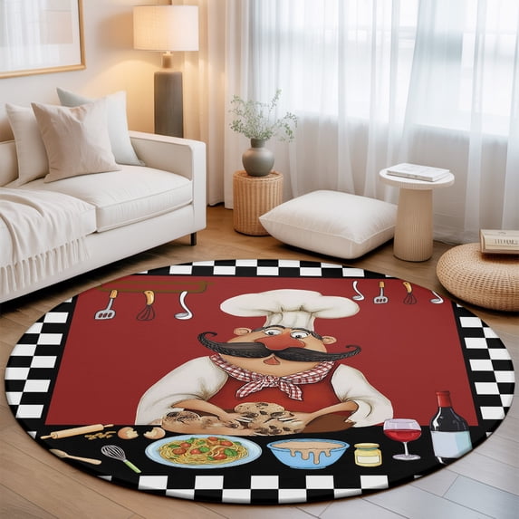 Black Rustic Chefs Round Living Room Rugs 3.3 ft, Cooking Food Wine ...