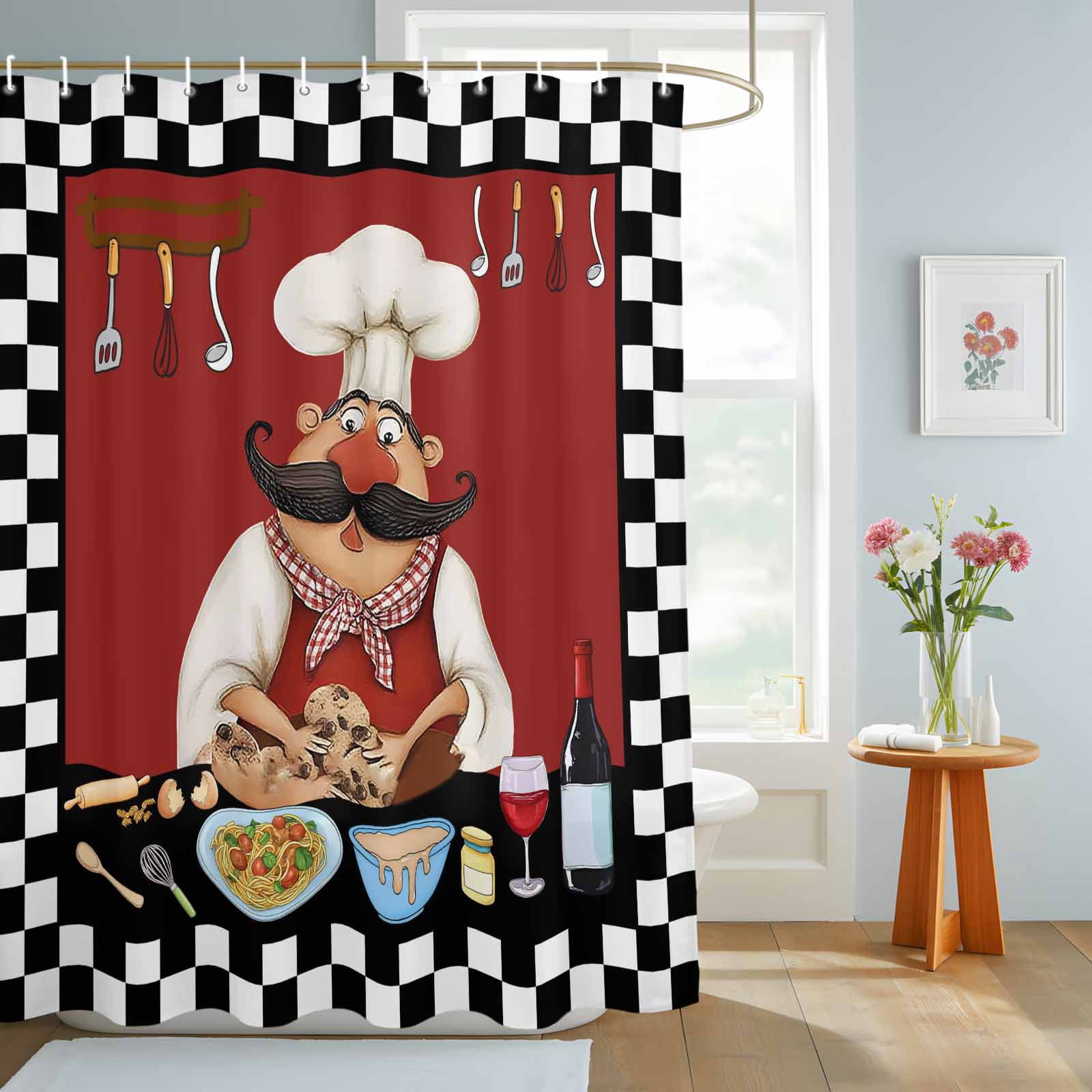 Black Rustic Chefs Shower Curtain, Cooking Food Wine Whimsical Kitchen ...