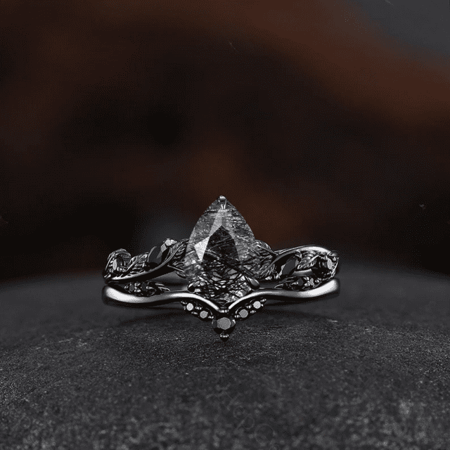 Black Rutilated Quartz Engagement Ring Set- Leaf Nature Inspired Bridal ...