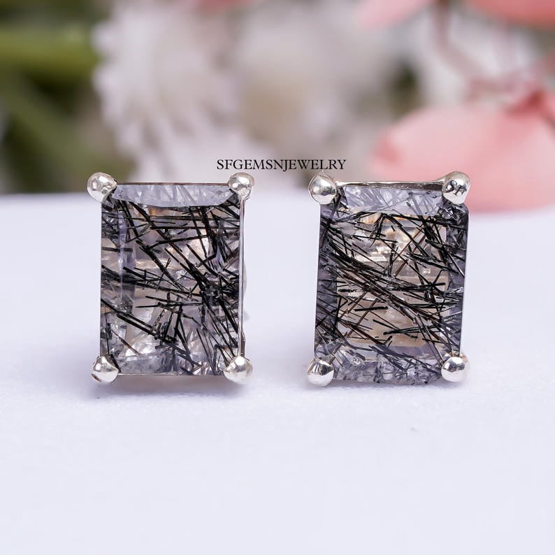 Black Rutilated Quartz Stud Earrings 925 Sterling Silver Emerald Cut ...