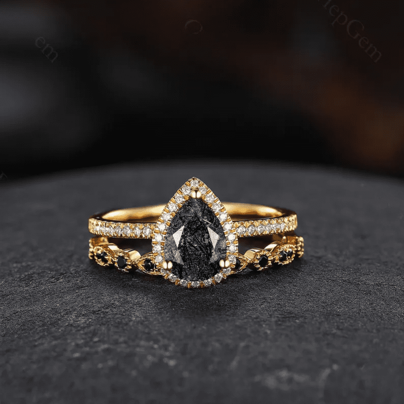 Black Rutilated Quartz Wedding Ring Set in 14K Yellow Gold Vermeil ...
