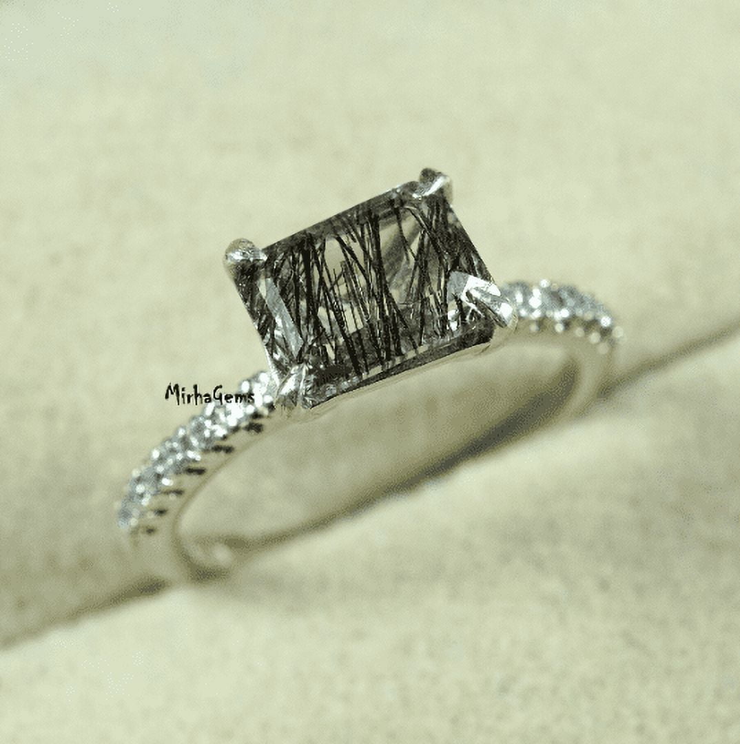 Black Rutile Quartz Engagement Ring-Emerald Cut Black Rutilated Ring ...