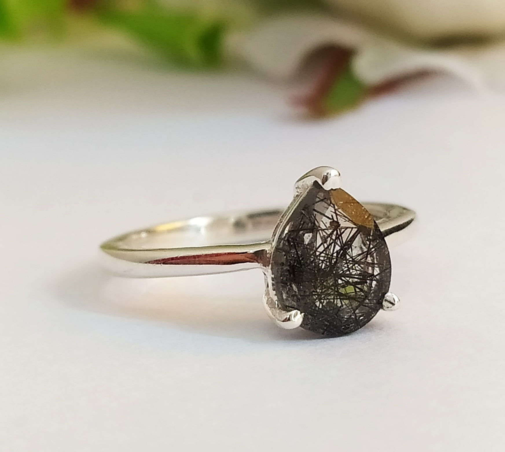 Black Rutile Quartz Solitaire Ring-Pear Cut Black Rutilated Quartz Ring ...