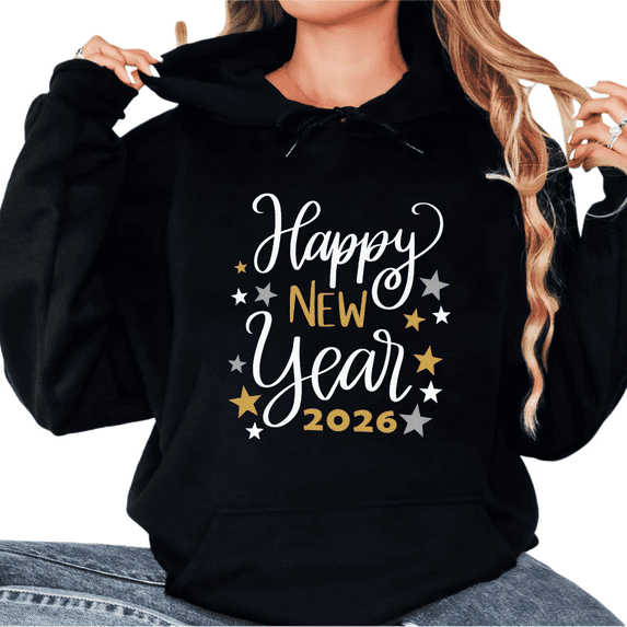 Black S-2XL Graphic Sweatshirt Print Hoodie Happy NEW Year 2026 Gold ...