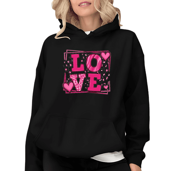 Black S-2XL Graphic Sweatshirt Print Hoodie LOVE Pink Text Leopard V ...