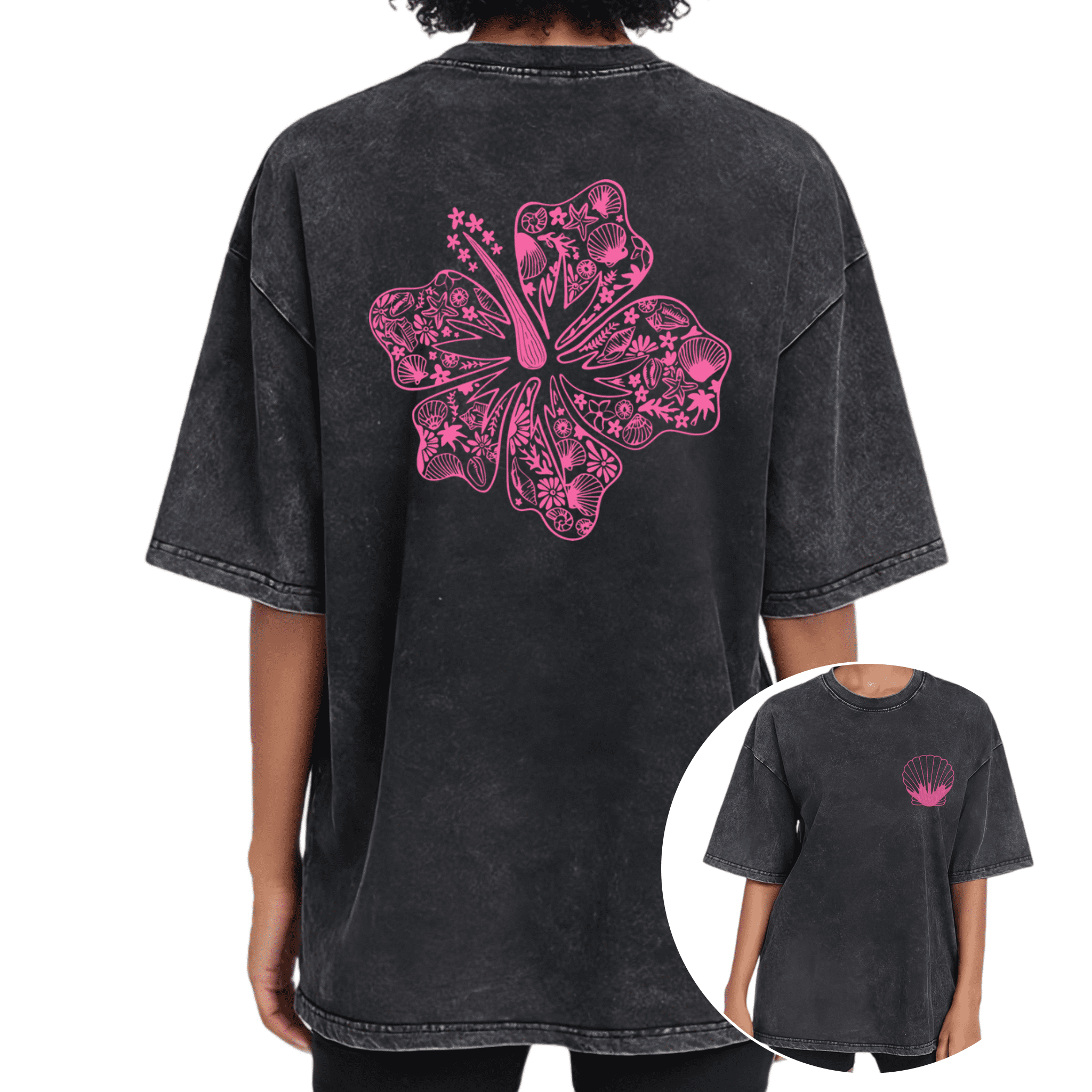 Black S-2XL Washed Hawaii Flower Print Tshirt Graphic Tees Shirts Boho ...