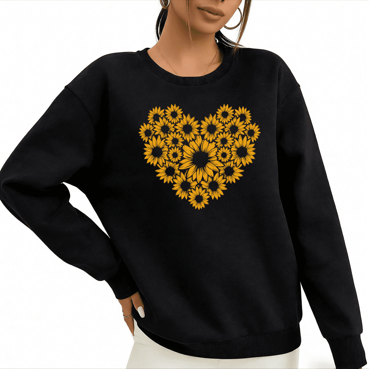 Black S-3XL Snug Graphic Sweatshirt Vibrant Sunflower Print Sweatshirt ...