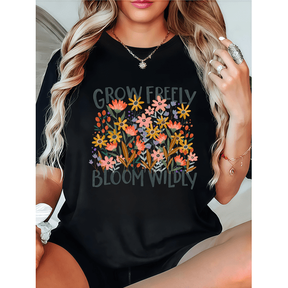 Black S-5XL Print Tshirt High-Quality Inspirational Grow Freely Bloom ...