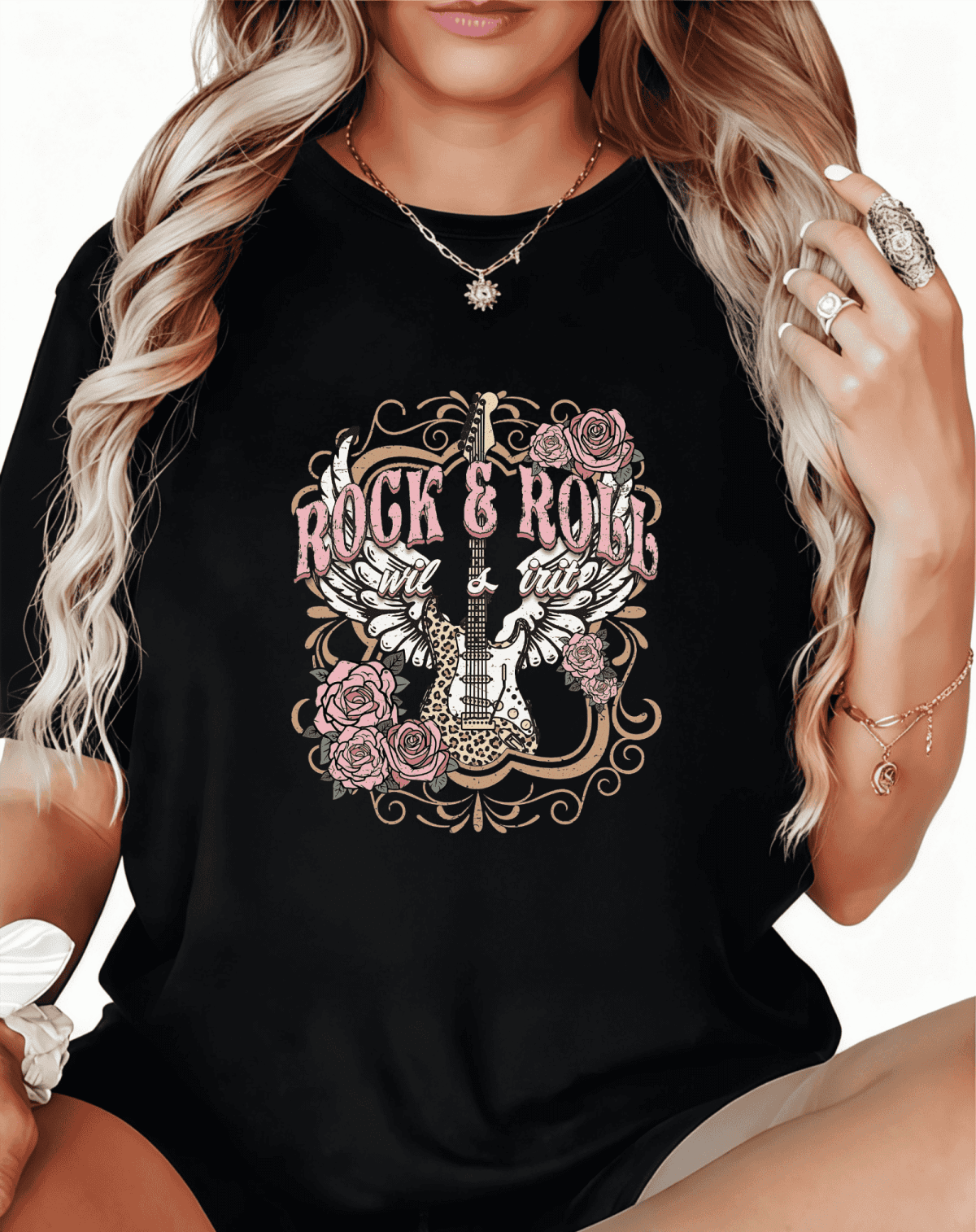 Black S-5XL Print Tshirt ROCK AND ROLL WILL OUT 100 Pink Text Gold ...