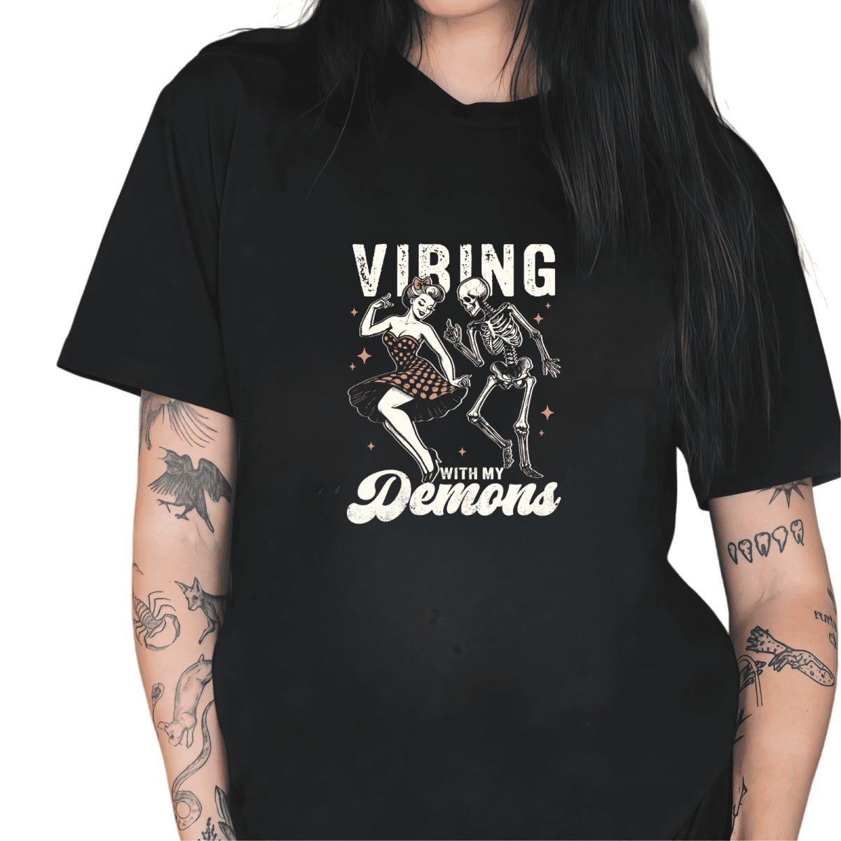 Black S-5XL Vintage Faded Print Dancing Pinup Skeleton Demon Vibe Tee ...