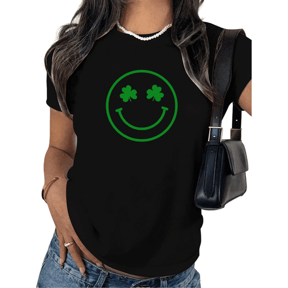 Black S-5XL Fresh Vibrant Green Smiley Face Clover Print Tshirt Graphic ...