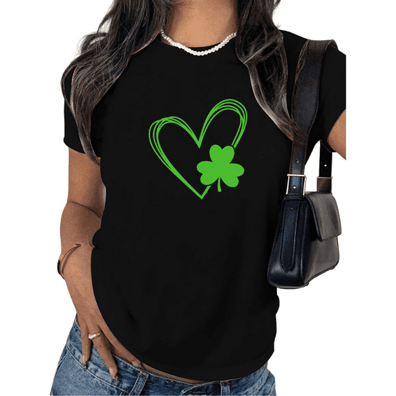 Black S-5XL Laid-back Daily Green Multi-Line Heart Clover Print Tshirt ...