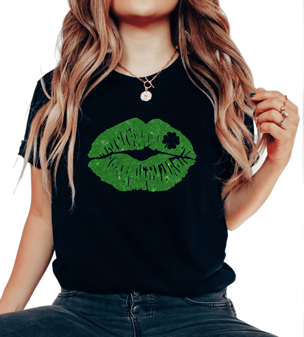 Black S-5XL Shiny Glitter Clover Lip Print Tshirt Graphic Tees Shirts ...