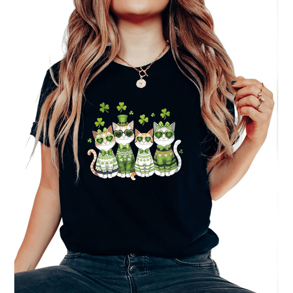 Black S-5XL Vibrant Trendy Cute Festive Outfit Cat Group Print Tshirt ...