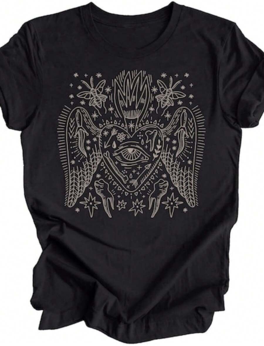 Black Sacred Heart Graphic Tee With Angel Wings Mystical Gothic Boho T ...