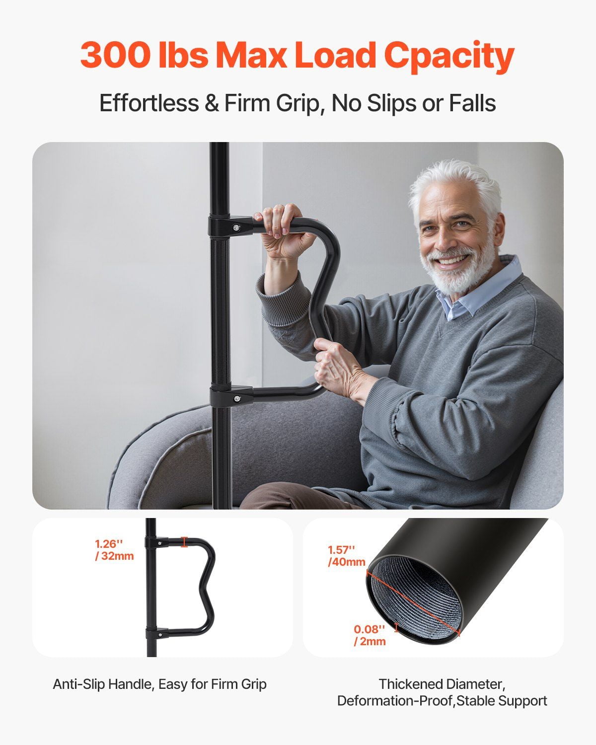 Black Safety Pole for Bathroom - Anti-Slip Floor-to-Ceiling Grab Bar, Supports 300 lbs, Ideal ...