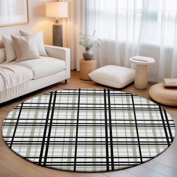 Black Sage Green Checkered Round Rug 5ft Modern Geometric Stripe Plaid ...