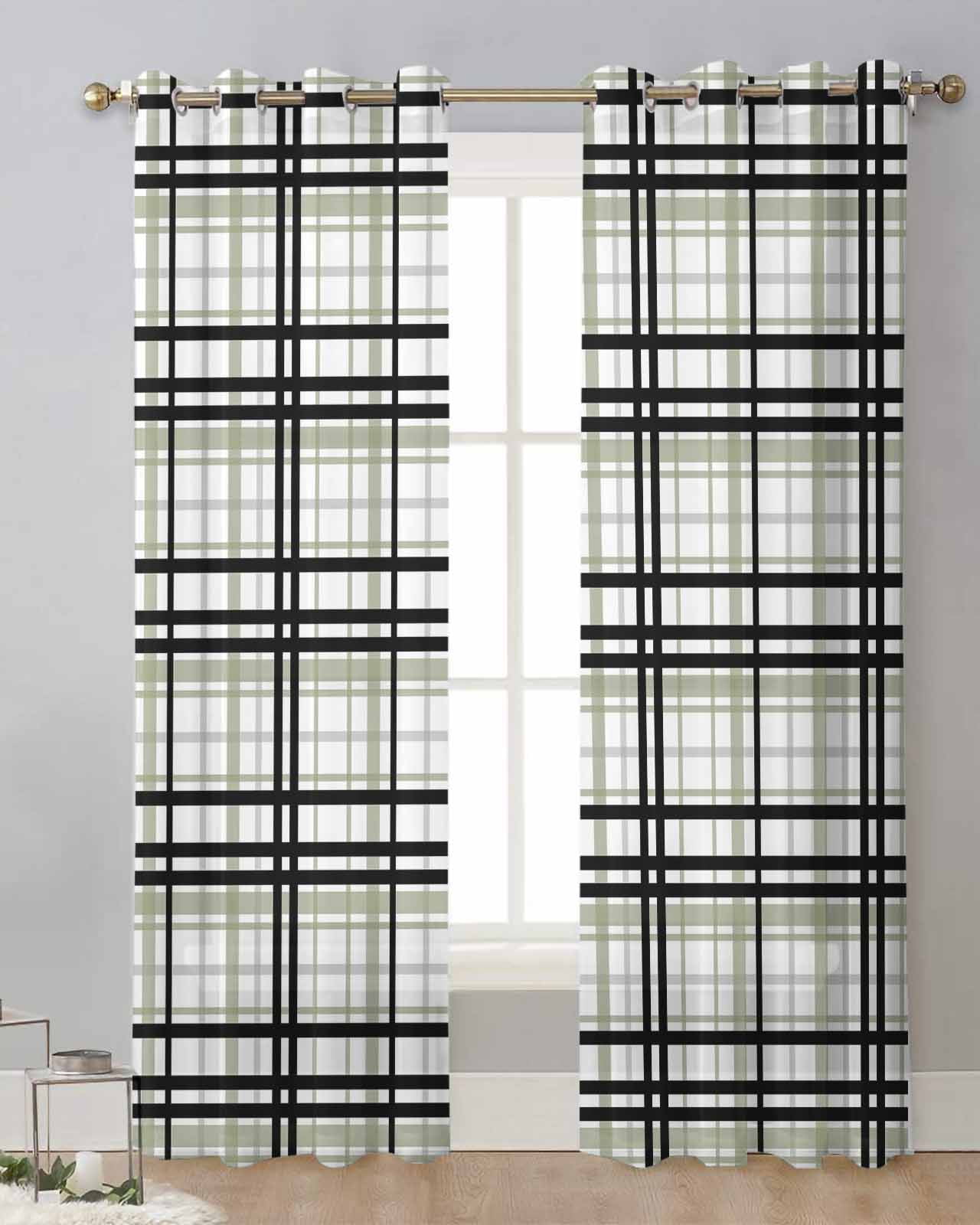 Black Sage Green Gray Striped Checkered Voile Curtain Window Treatment ...