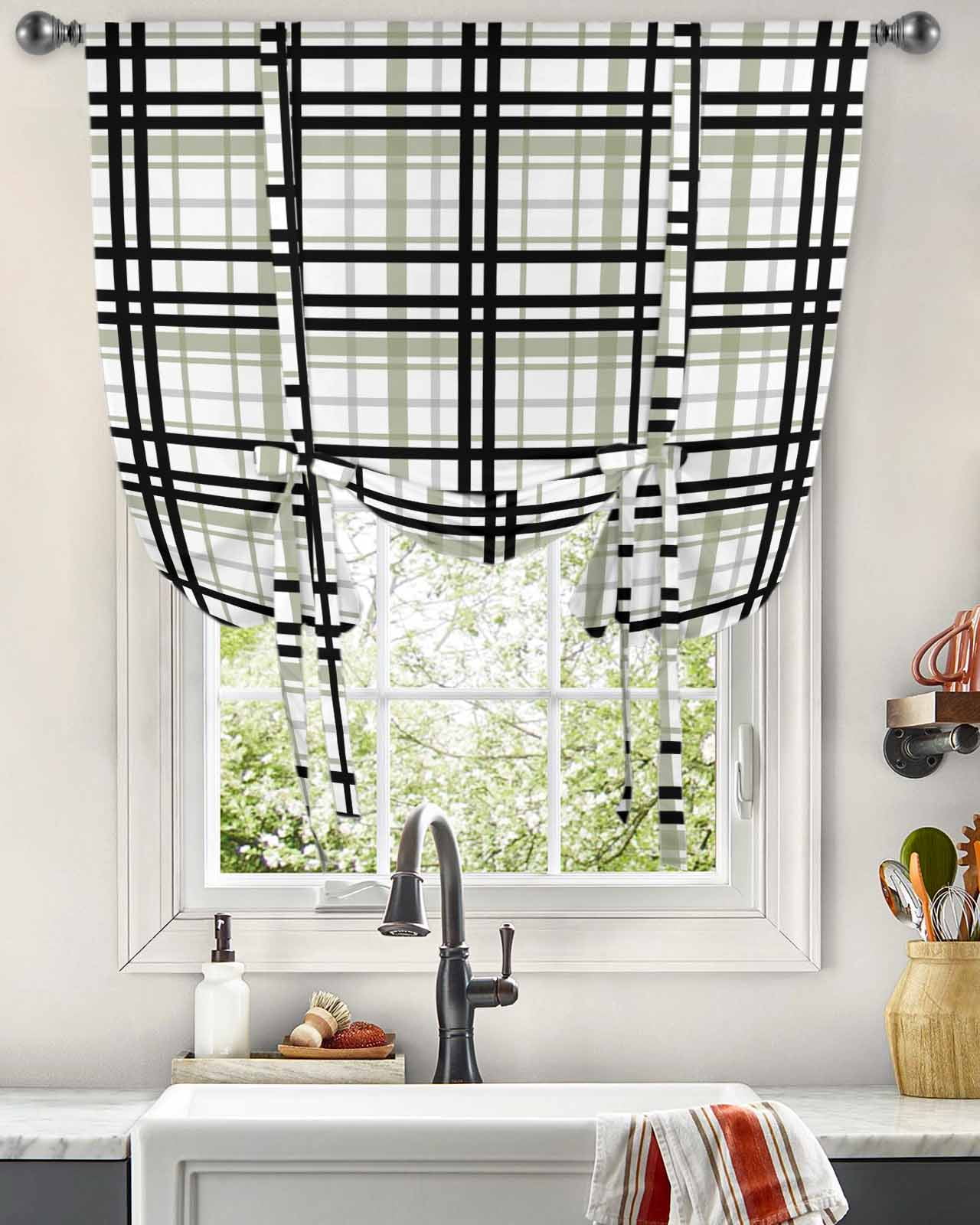 Black Sage Green Gray Striped Checkered Window Curtain for Living Room ...