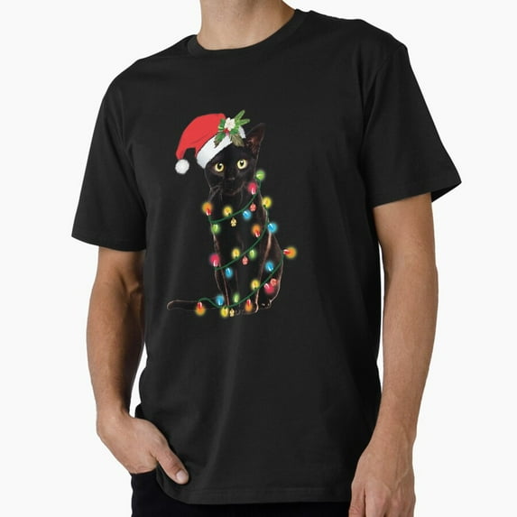 Black Santa Cat Tangled in Lights Festive Holiday Feline Tee Shirt,for ...