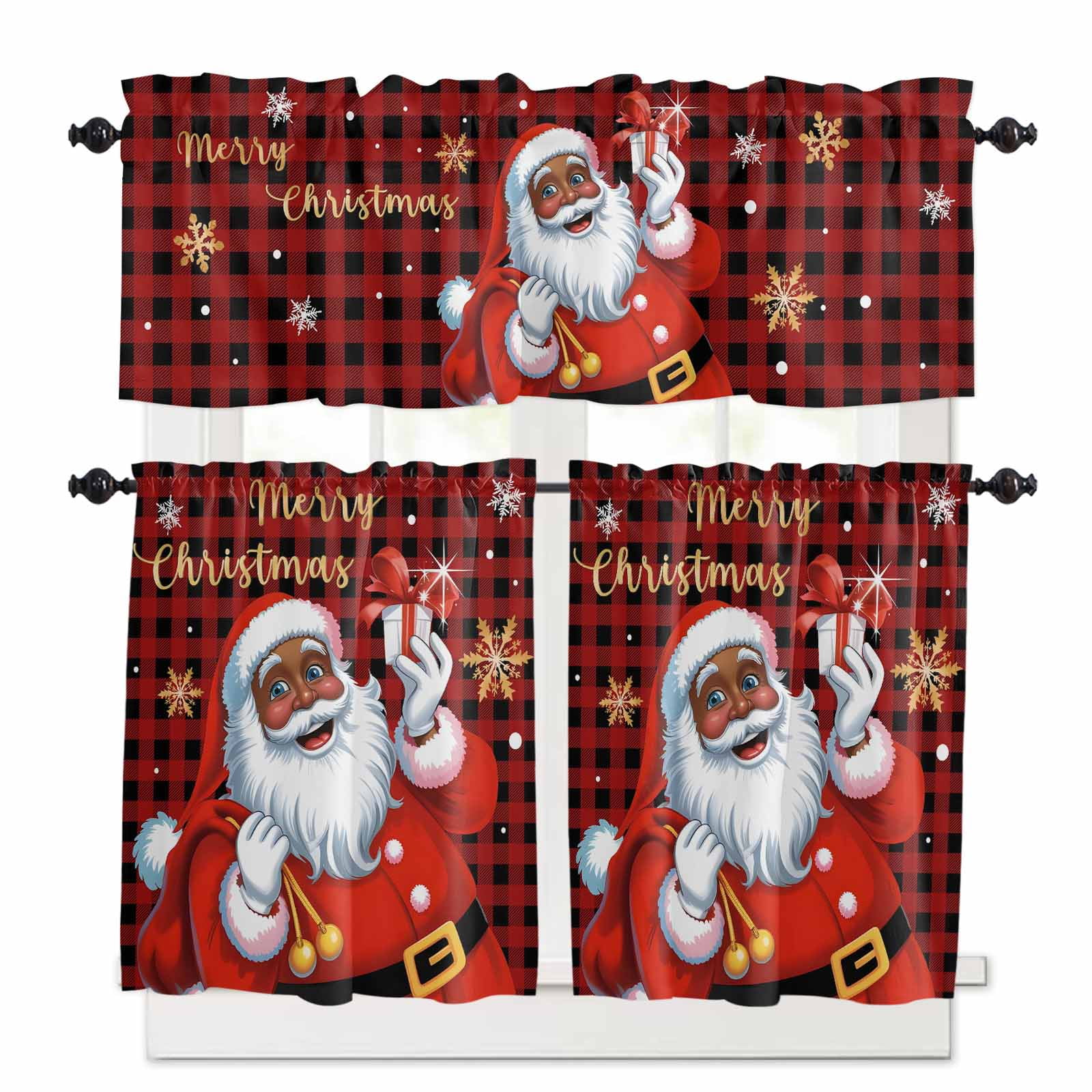 Black Santa Claus Merry Christmas Kitchen Curtains and Valances Set ...