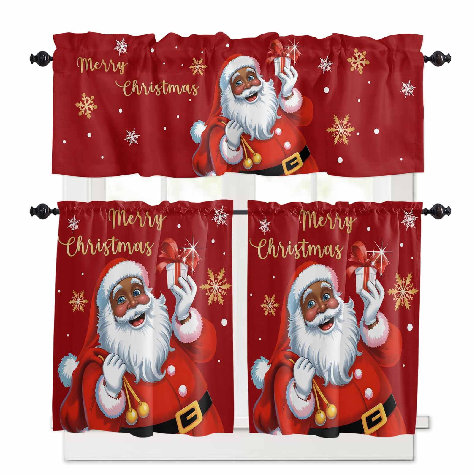 Black Santa Claus Merry Christmas Kitchen Curtains and Valances Set ...