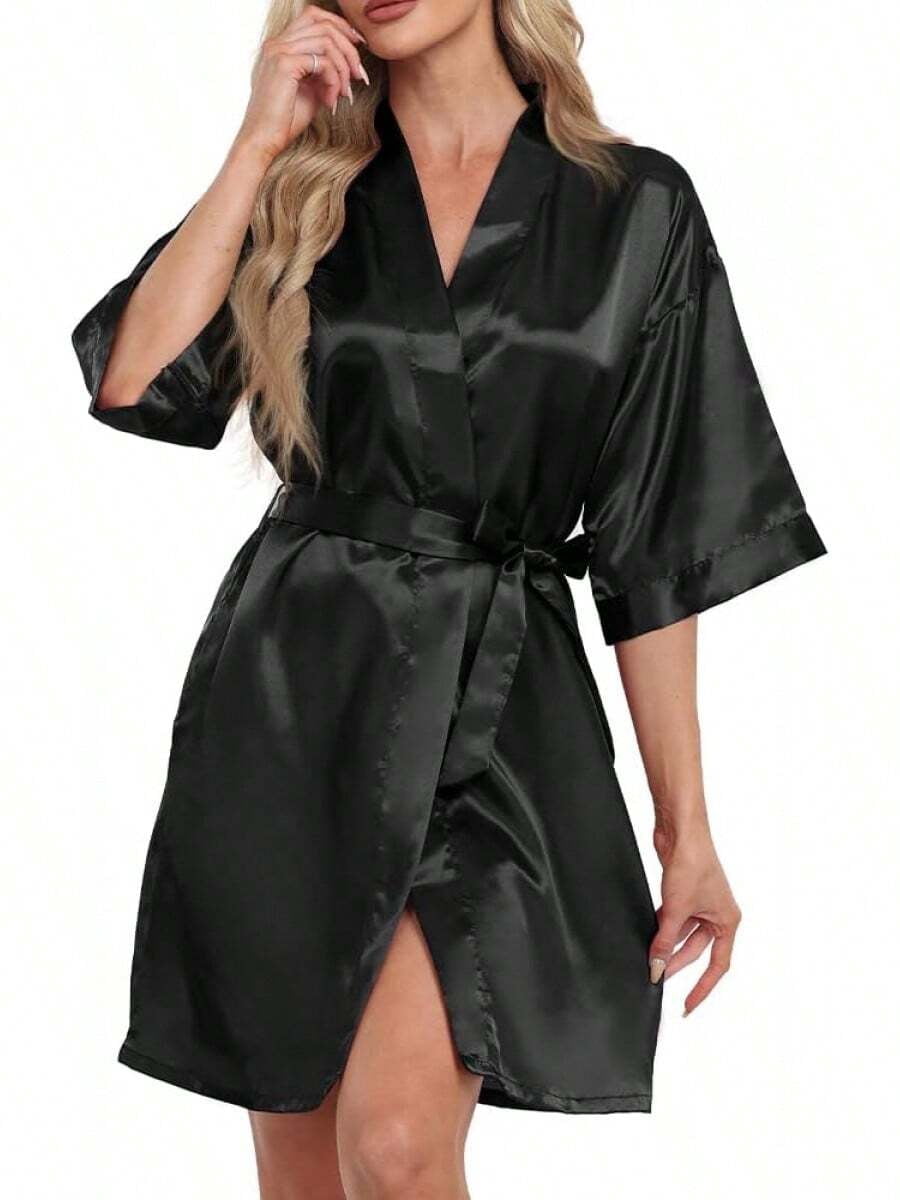 Black Satin Kimono-Style Short Robe With V-Neck And Tie Belt - Walmart.com