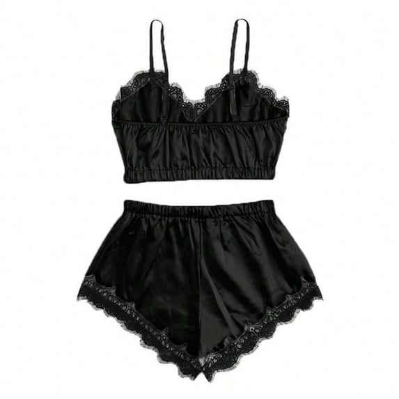 Black Satin Lace Cami And Shorts Sleepwear Set For Women, Soft ...