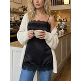 Black Satin Lace Trim Camisole Top Spaghetti Strap Square Neck Slip ...