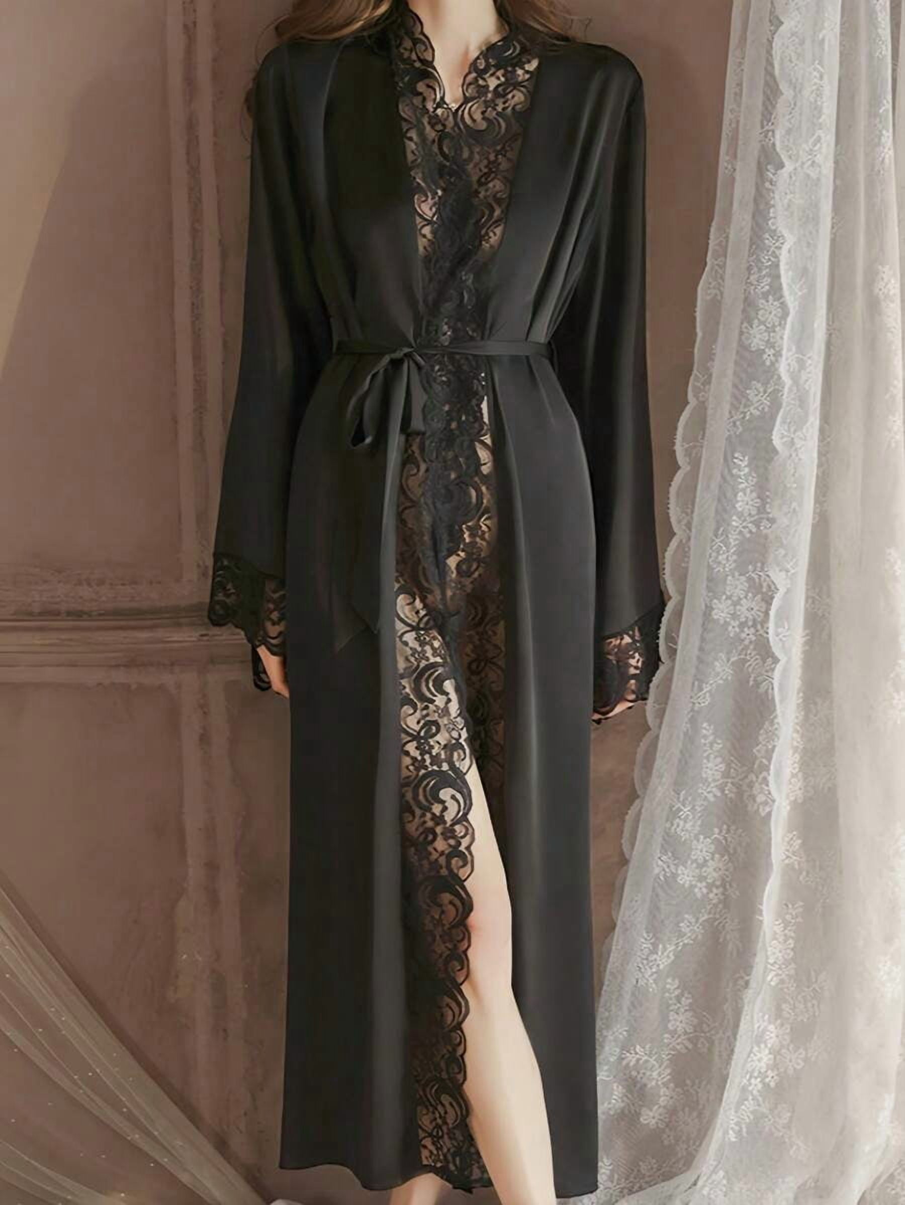 Black Satin Lace-Trimmed Belted Robe With Bell Sleeves, Elegant ...