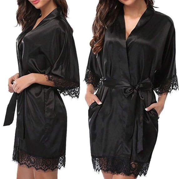 Black Satin Lace-Trimmed Kimono Robe For Women With Belt - Walmart.com
