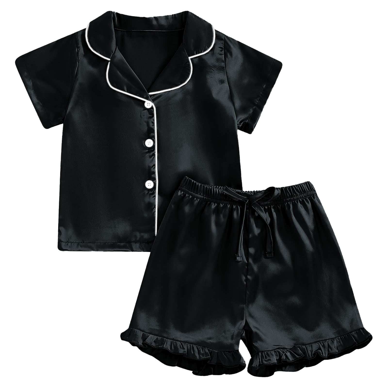 Black Satin Pajamas For Girls,Short Sleeve Loungewear with Ruffles ...