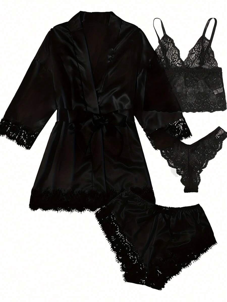 Black Satin Robe Set With Lace Trim: Camisole, Briefs & Shorts - 4 ...