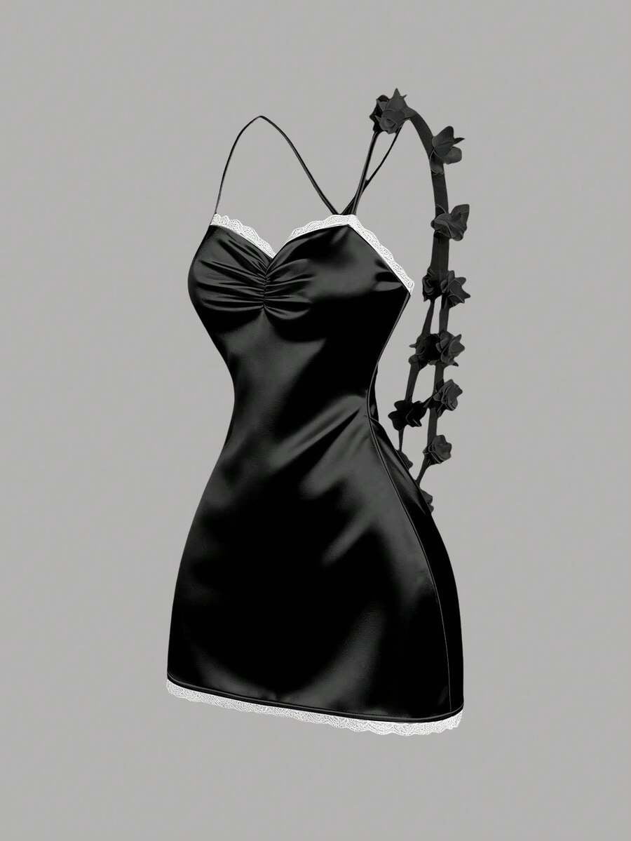 Black Satin Slip Dress With White Lace Trim And Floral Vine Strap ...