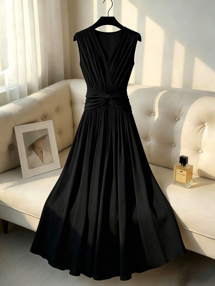 Black Satin V-Neck Sleeveless Twist Waist Draped Maxi Dress Formal Gown ...