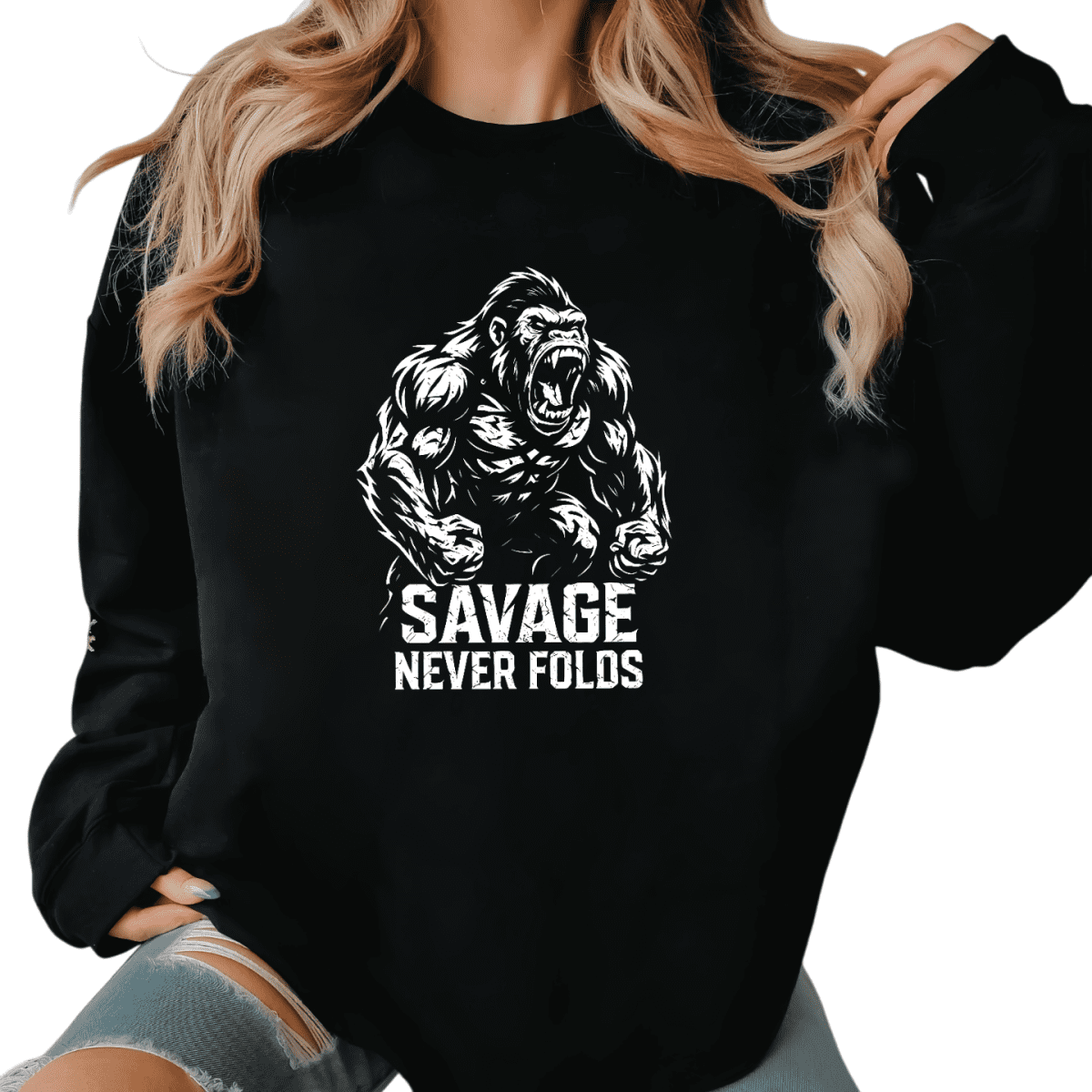 Black Savage Gorilla Graphic Sweatshirt Fierce Animal Quote Never Folds ...