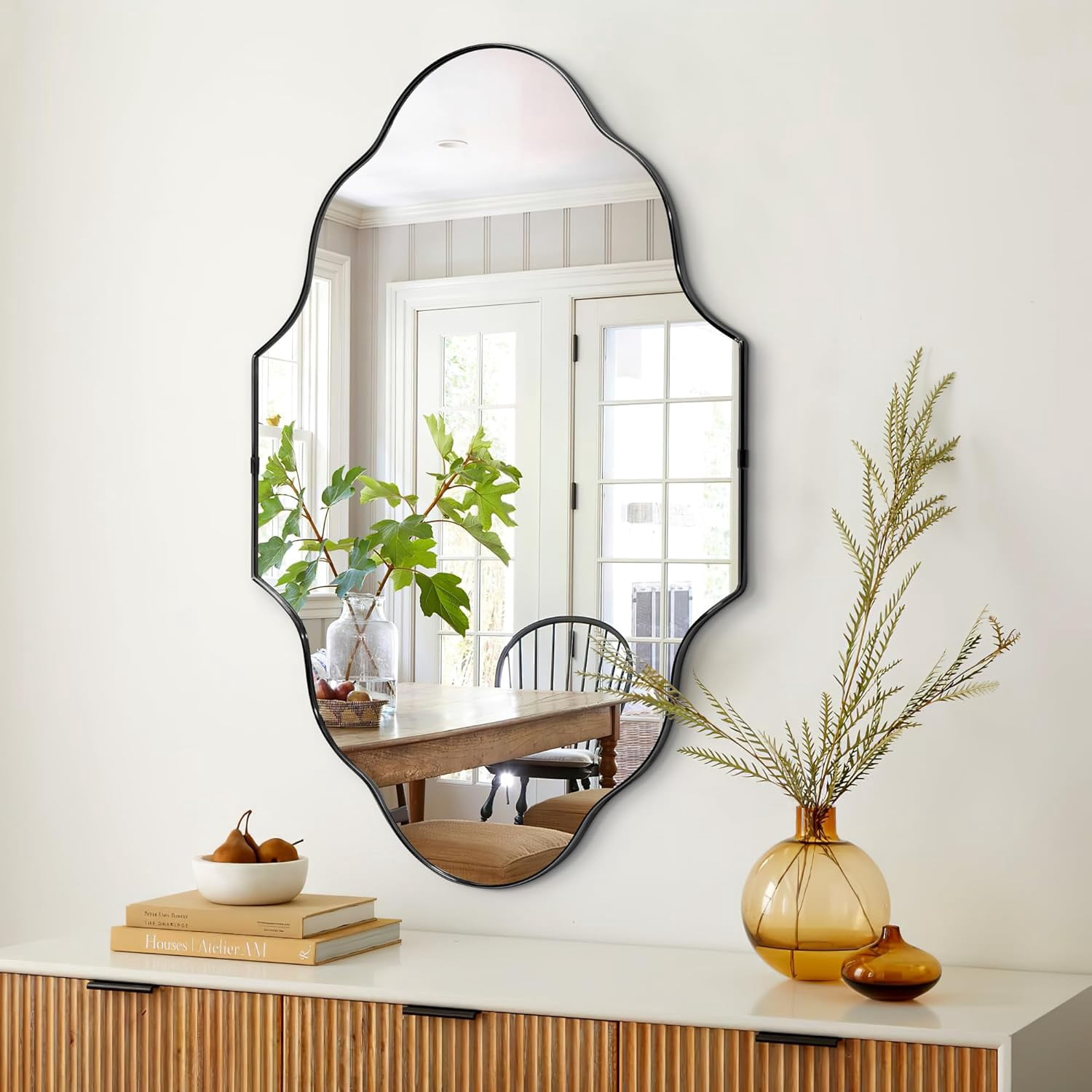 Black Scalloped Wall Mirror, Decorative 23" x 37" Irregular Mirror with ...