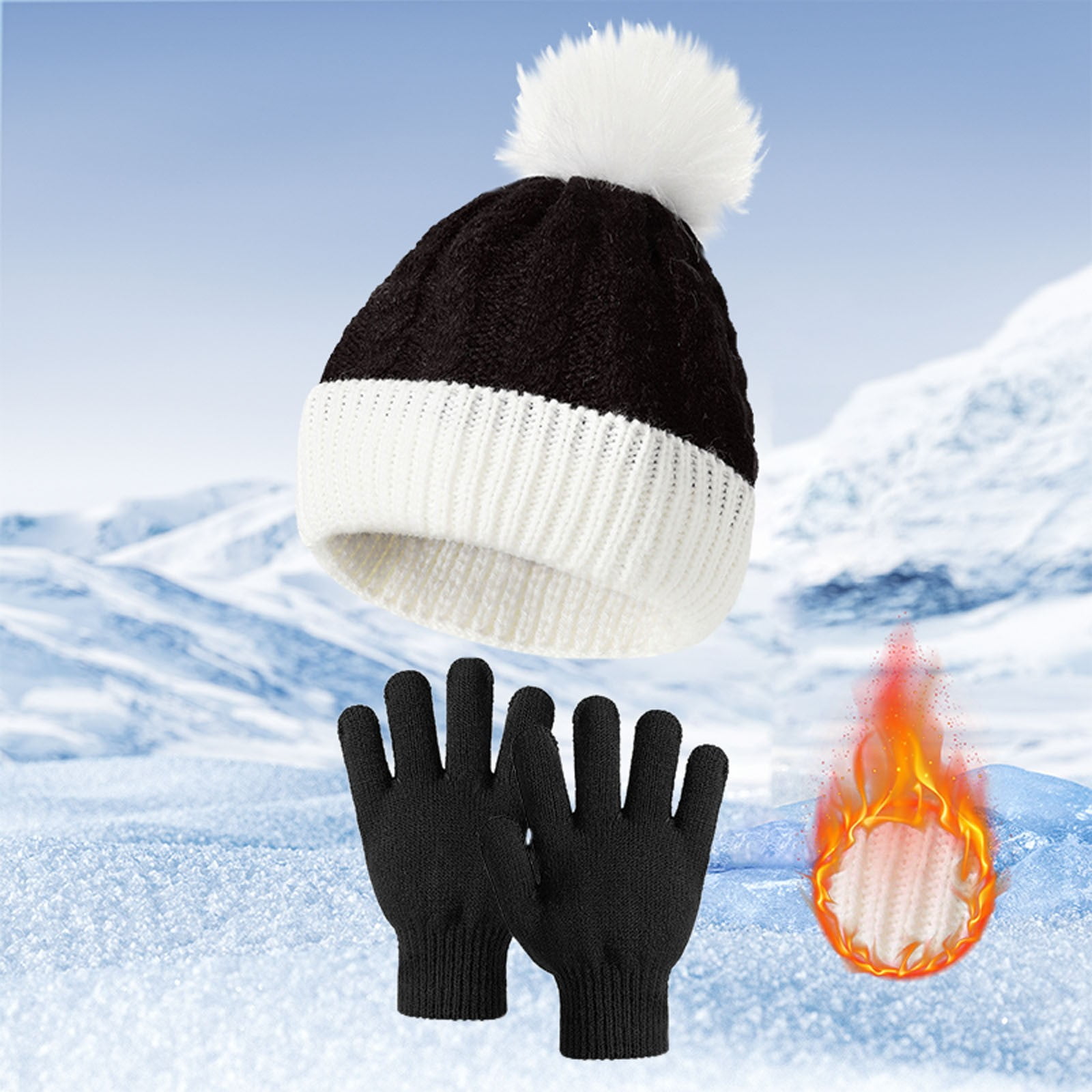 Black Scarf Hat Gloves for Women Men Daily Routine Hairball Knitted Hat ...