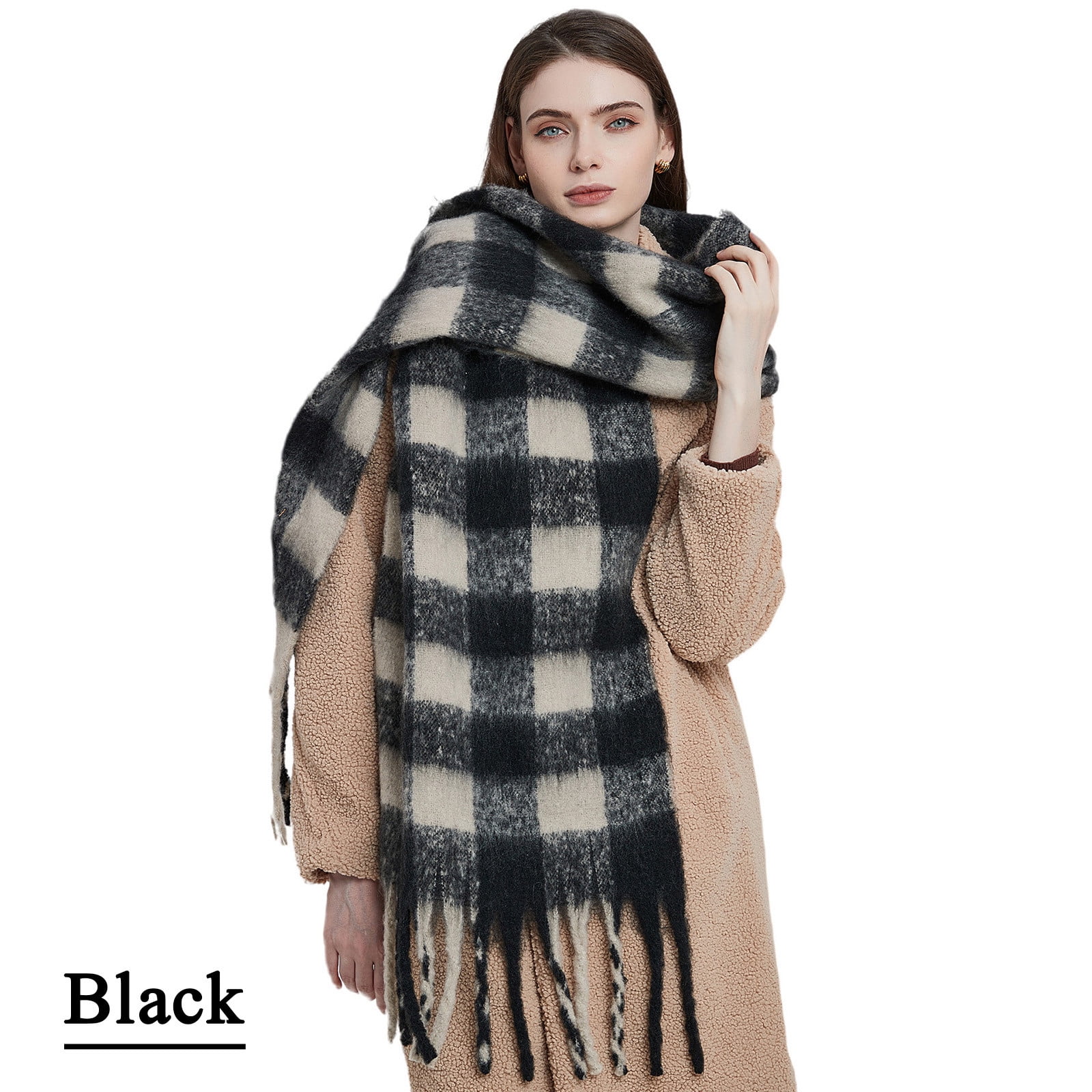 Black Scarf Thermal Scarf Fall Winter Scarf Classic Tassel Plaid Scarf ...