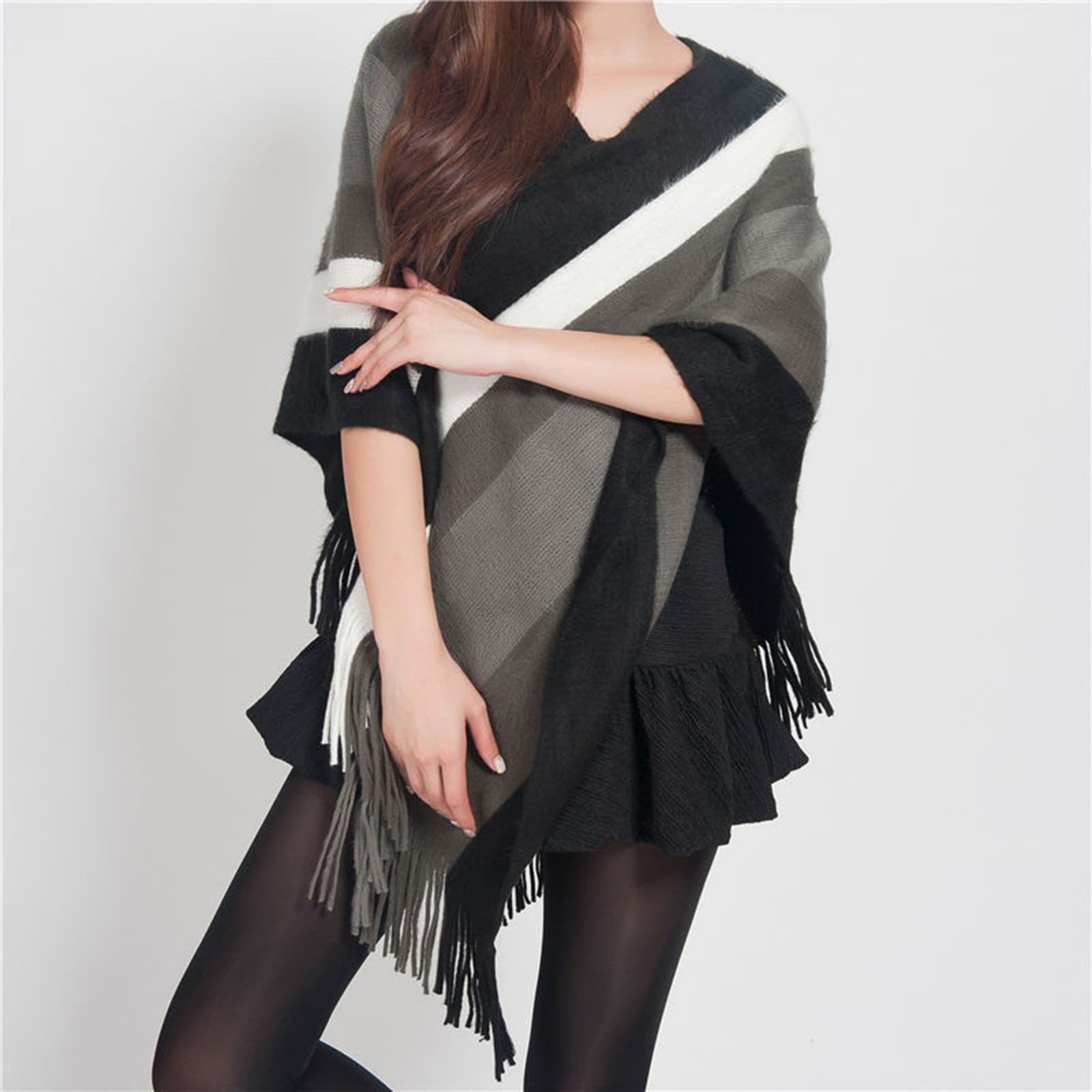 Black Scarfs Scarf Womens Colourful Pullover Sweater Cloak Tassels ...
