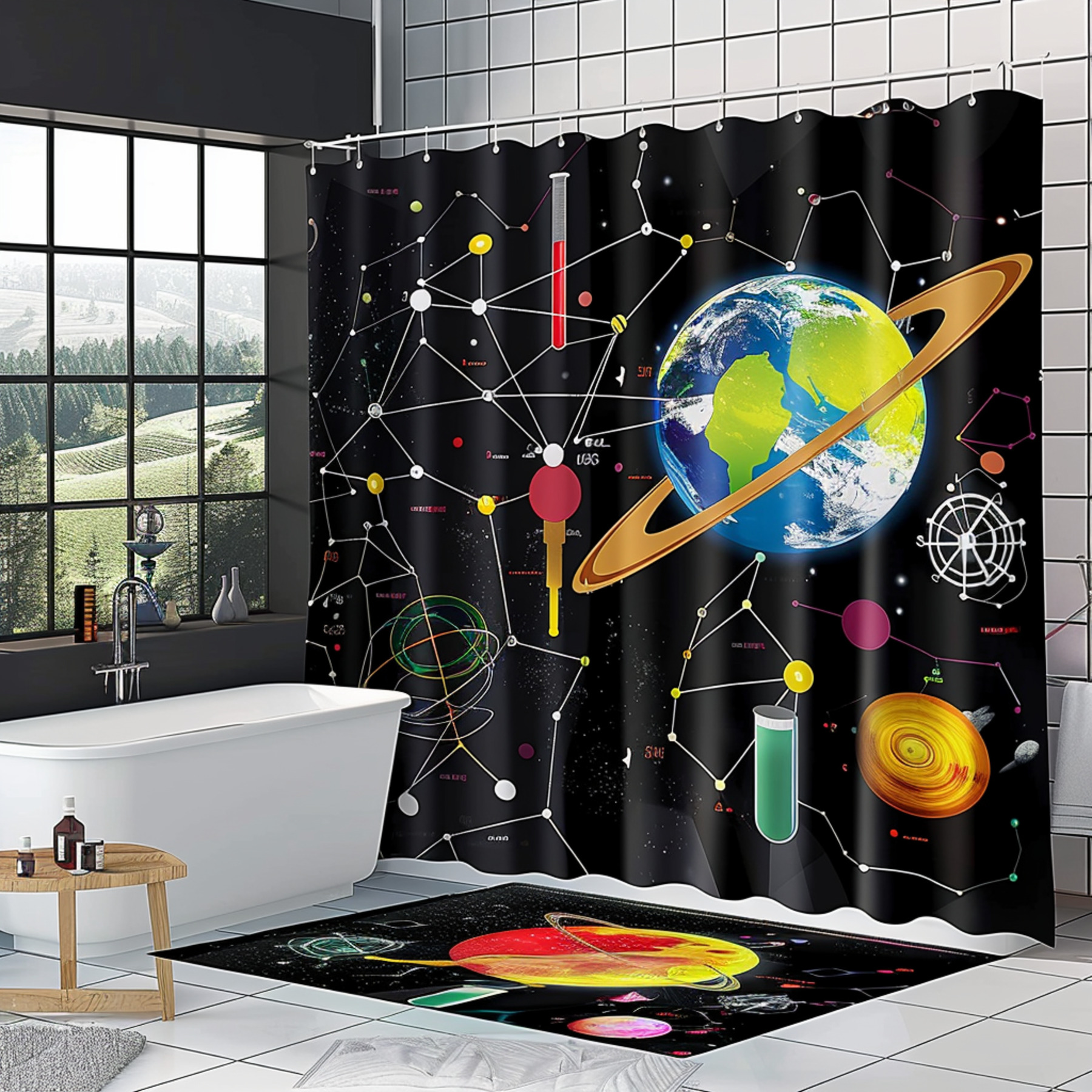 Black Science Themed Bathroom Curtain with Planets and Equipment King ...