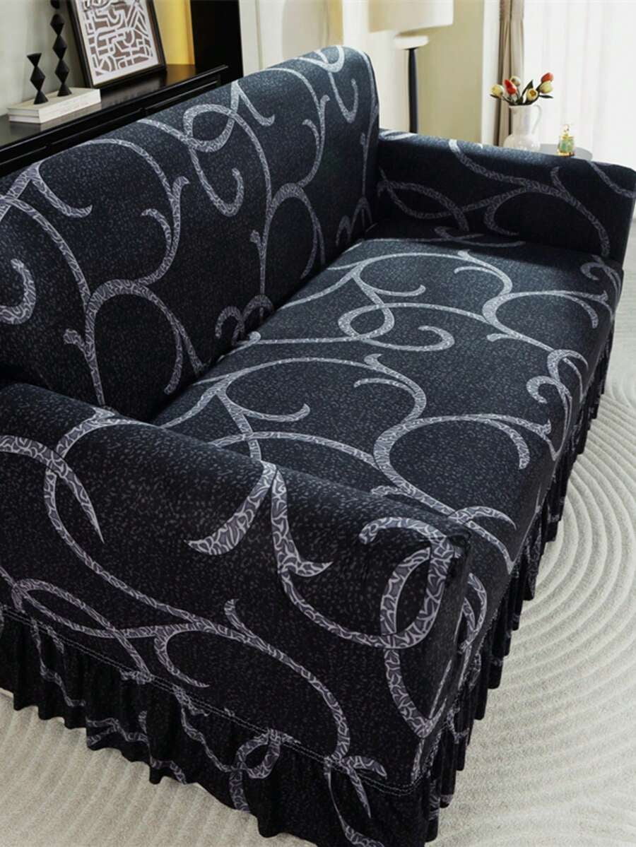 Black Scroll Print Skirt-Style Elastic Sofa Cover, Full Coverage ...