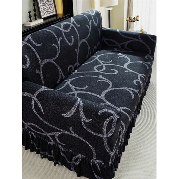 Black Scroll Print Skirt-Style Elastic Sofa Cover, Full Coverage ...