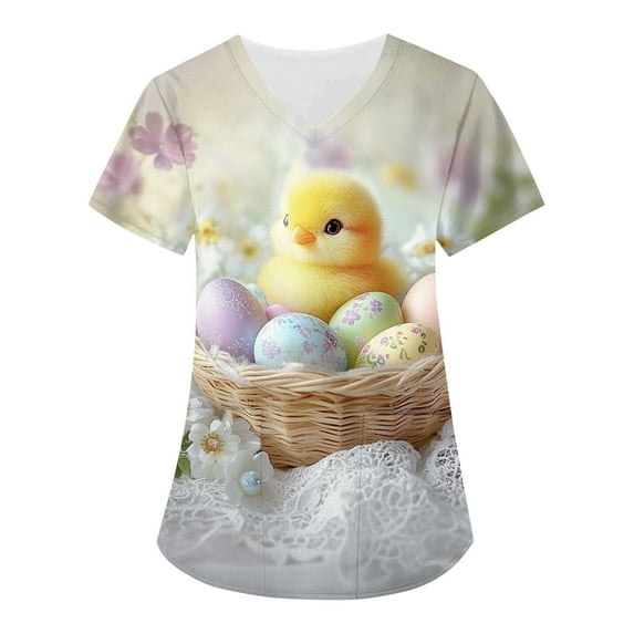 Black Scrub For Women，Easter Scrub Tops Women Bunny Egg Hunt Print ...