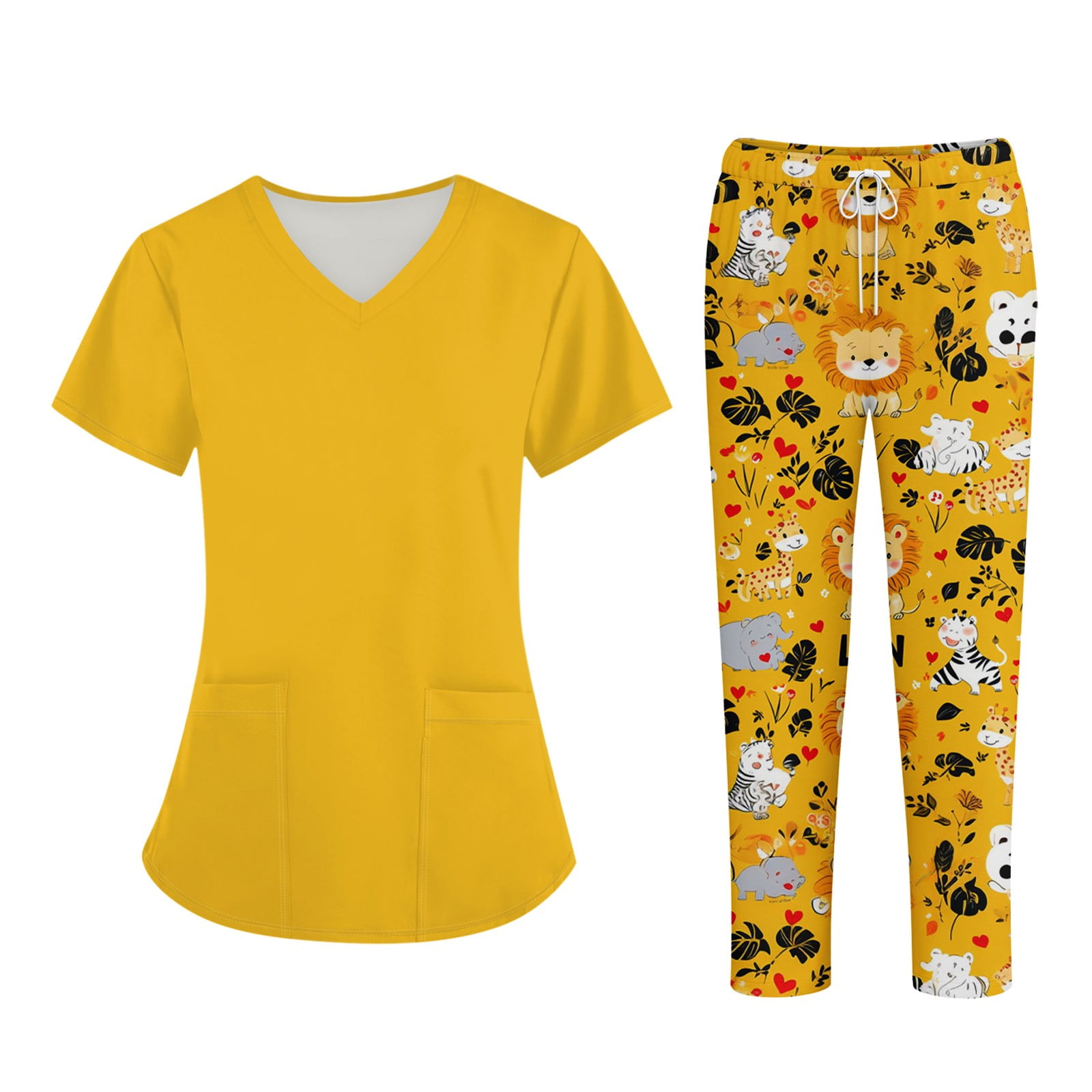 Black Scrub Set,Scrubs For Women Set Short Sleeve Animal Flower Printed ...